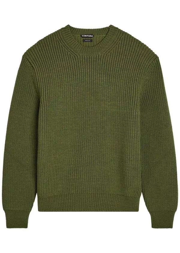 TOM FORD Ribbed Crew-neck Wool Jumper - Olive