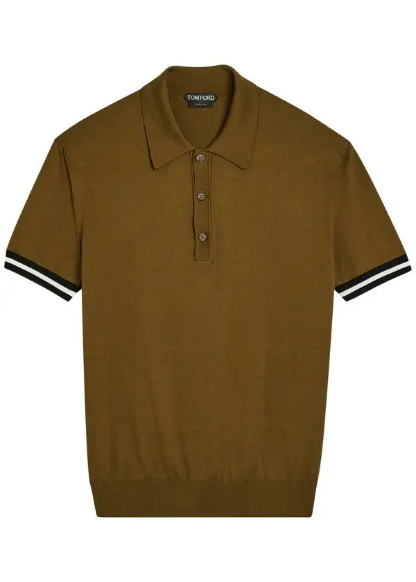 TOM FORD Striped-trim Cotton And Silk-blend Polo Shirt - Olive