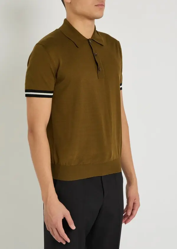 TOM FORD Striped-trim Cotton And Silk-blend Polo Shirt - Olive