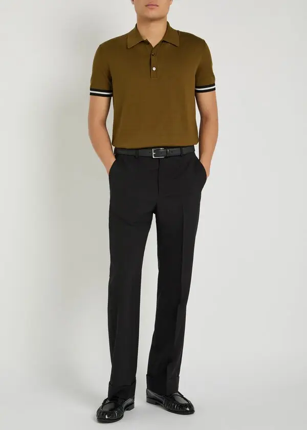 TOM FORD Striped-trim Cotton And Silk-blend Polo Shirt - Olive
