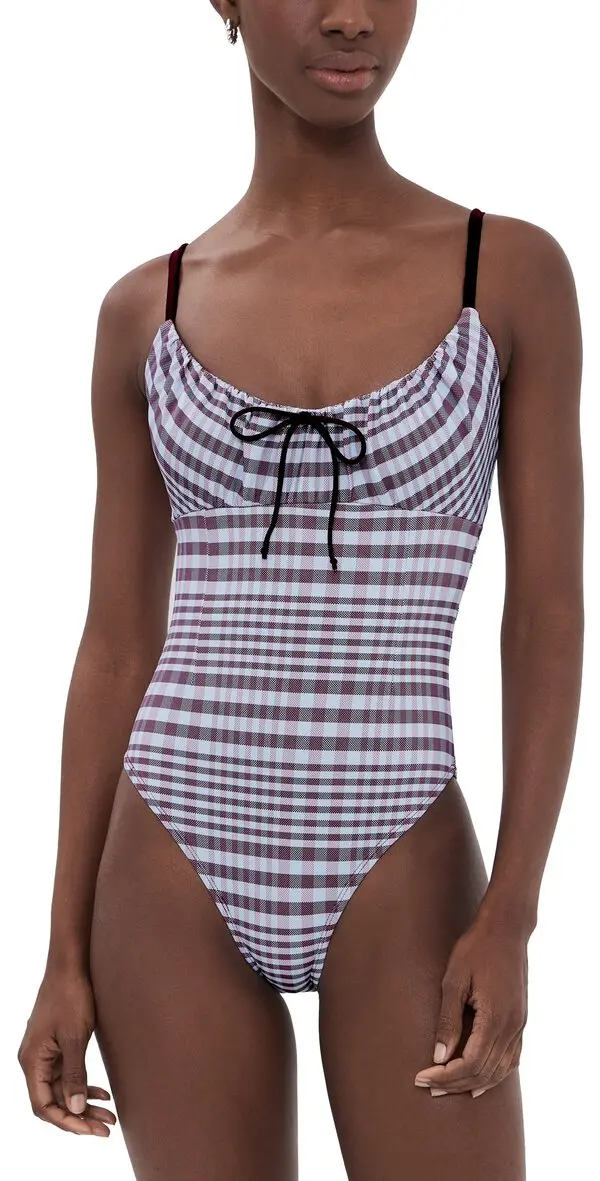 Good American Plaid Drawstring One Piece Swimsuit - Fig Plaid