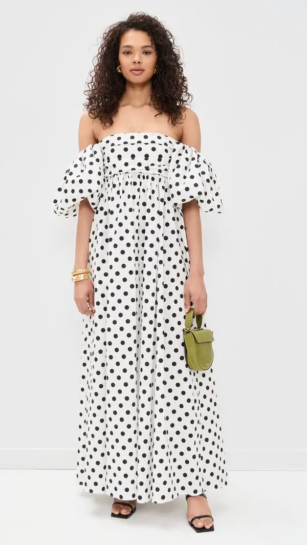 Caroline Constas Emilia Ruched Empire Maxi Dress - Ivory Black Polka Dot -  30% Off | Editorialist