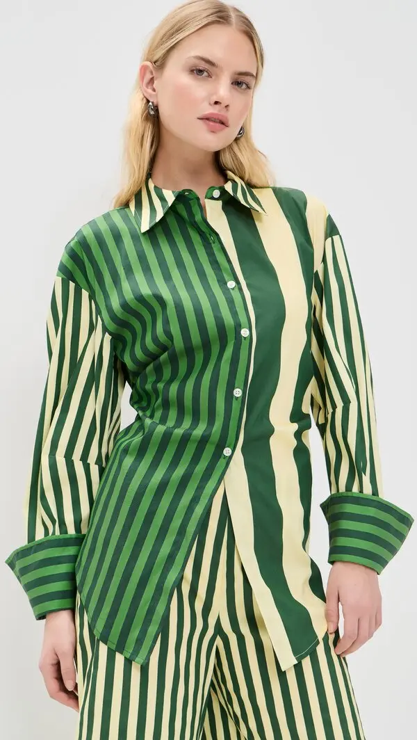 SIMONMILLER Loch Poplin Button-up Top - Green Stripe Combo
