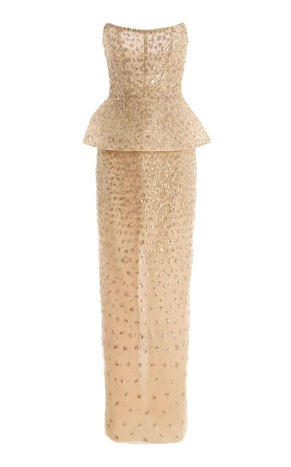 Monique Lhuillier Strapless Embellished Peplum Gown