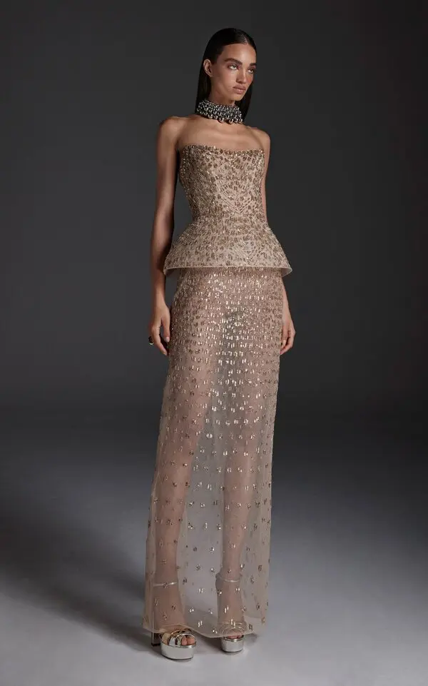 Monique Lhuillier Strapless Embellished Peplum Gown