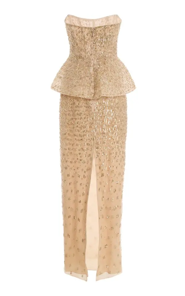 Monique Lhuillier Strapless Embellished Peplum Gown