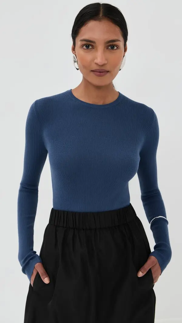 Tibi Feather Weight Ribbed Crewneck Pullover