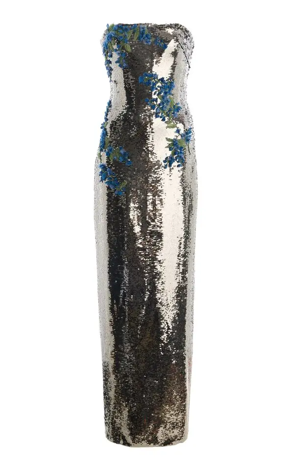 Monique Lhuillier Strapless Sequined Gown - Silver