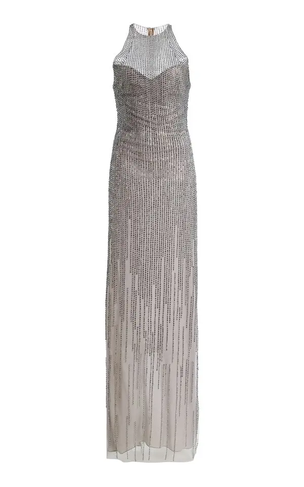 Monique Lhuillier Halter Embroidered Gown - Silver