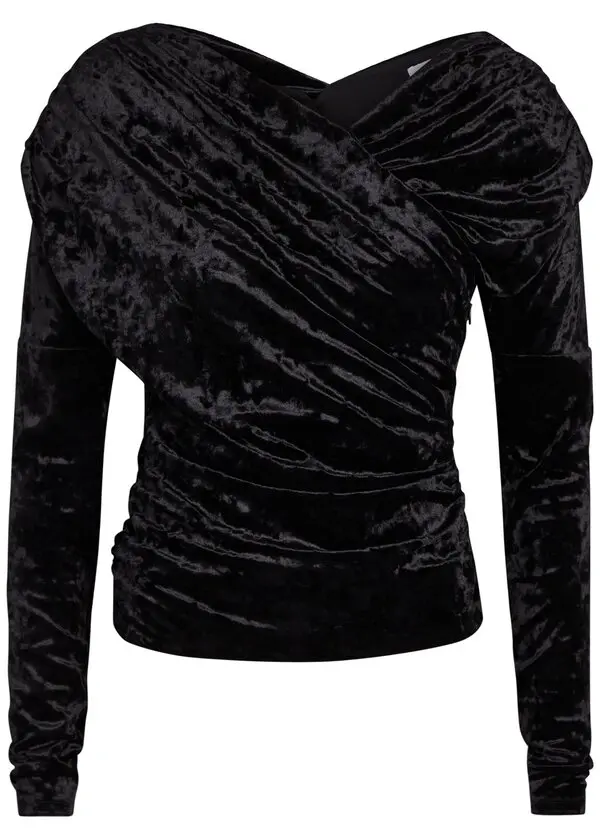 GANNI Ruched Asymmetric Velour Blouse - Black
