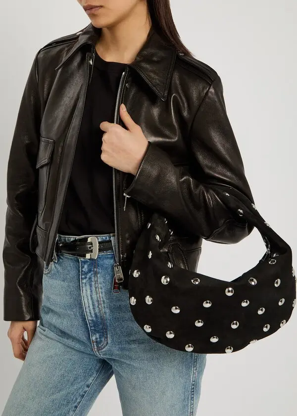Khaite Olivia Medium Studded Suede Top Handle Bag - Black