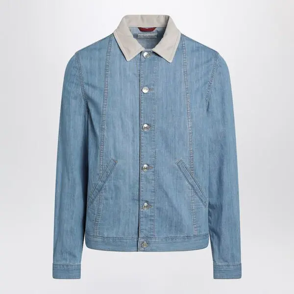 Brunello Cucinelli Denim Jacket With Suede Collar - Blue