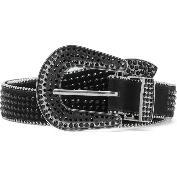 Mango Rhinestone Faux Leather Belt - Black