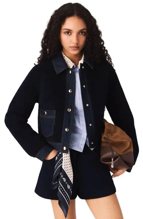 Maje Bouclé Jacket With Denim Details - Navy