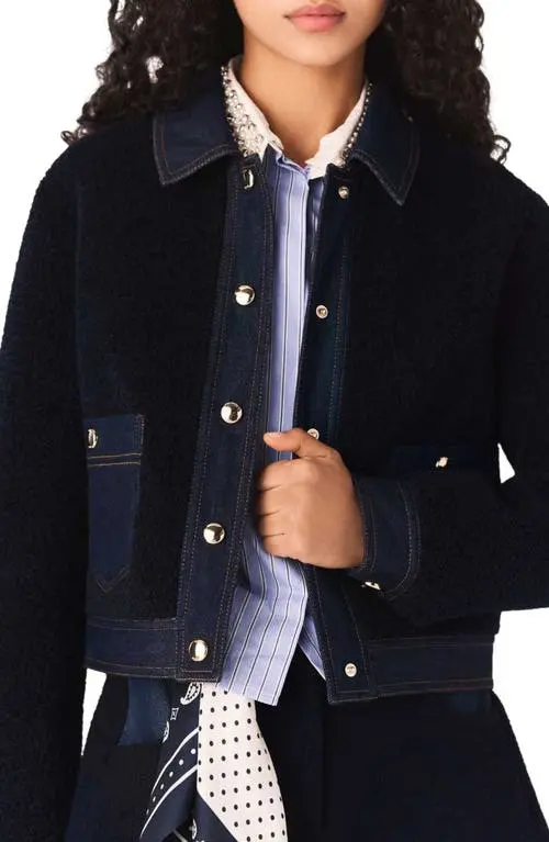 Maje Bouclé Jacket With Denim Details - Navy