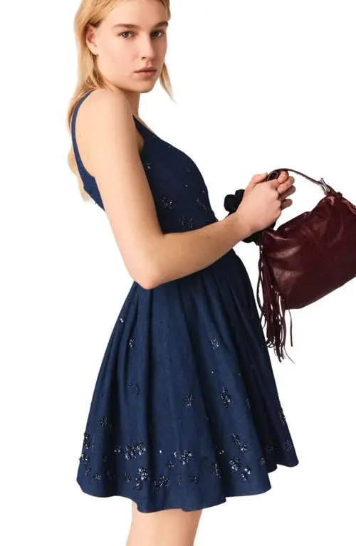 Maje Flared Embroidered Denim Mini Dress - Navy