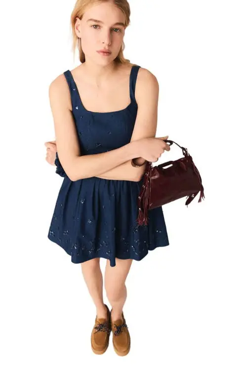 Maje Flared Embroidered Denim Mini Dress - Navy