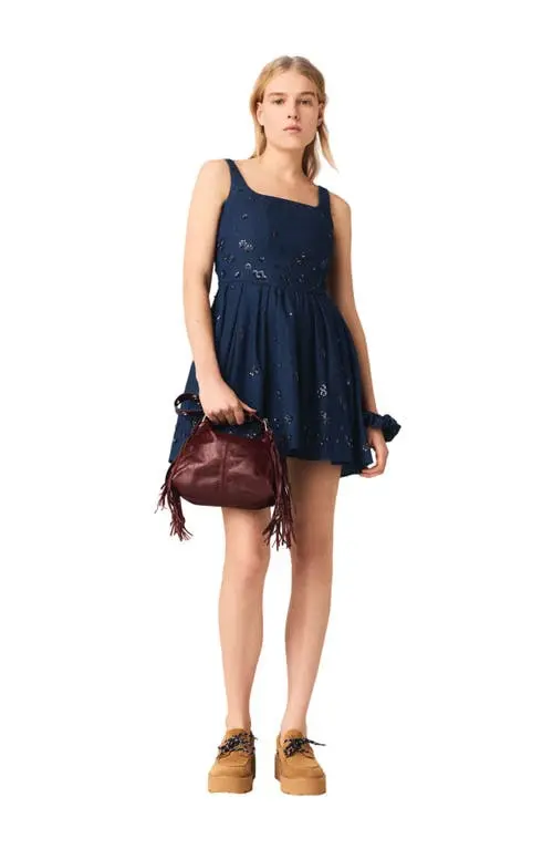 Maje Flared Embroidered Denim Mini Dress - Navy