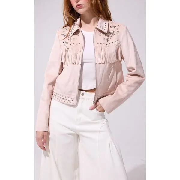 AZALEA WANG Fringe Faux Suede Jacket - Blush