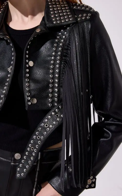 AZALEA WANG Faux Leather Fringe Jacket