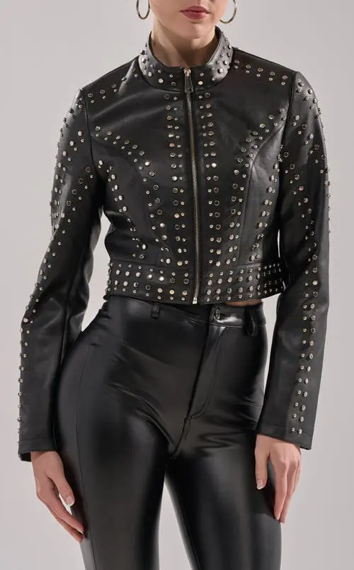 AZALEA WANG Studded Vegan Leather Cropped Jacket - Black