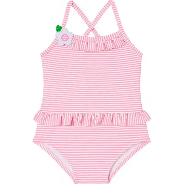 FLORENCE EISEMAN Striped Seersucker Swimsuit With Floral Appliqu - Pink/white