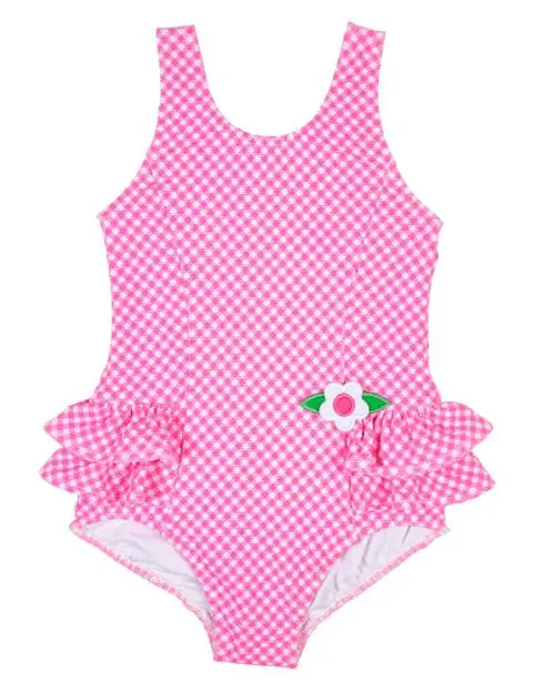 FLORENCE EISEMAN Gingham One Piece Swimsuit With Flowers And Ruffles - Pink/white