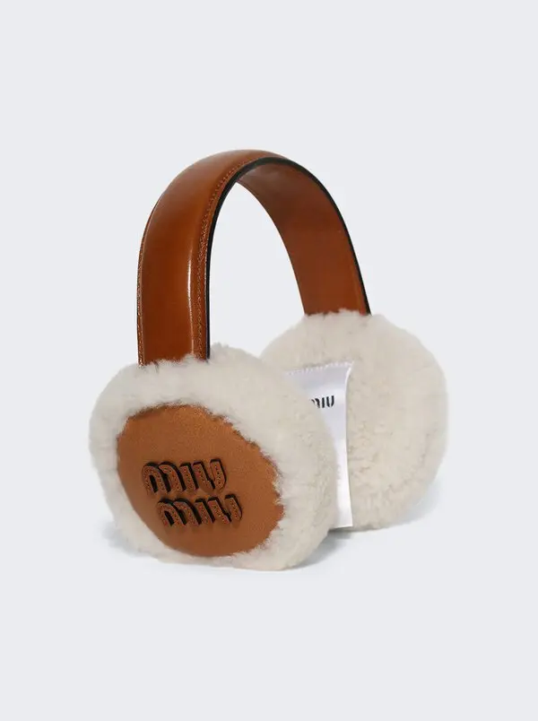 Miu Miu Logo Shearling Earmuffs - Tan