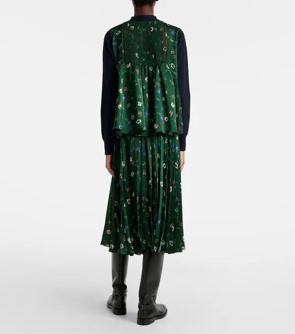 Sacai Floral Plissé Satin Midi Skirt - Green