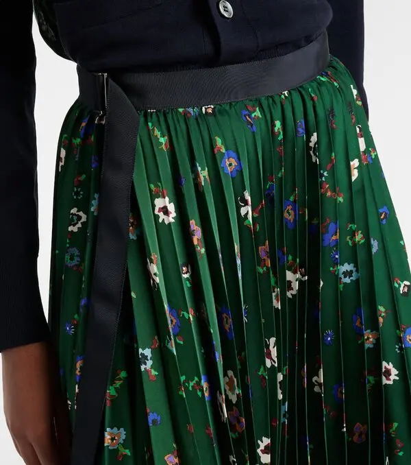 Sacai Floral Plissé Satin Midi Skirt - Green