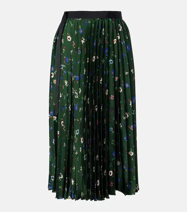 Sacai Floral Plissé Satin Midi Skirt - Green