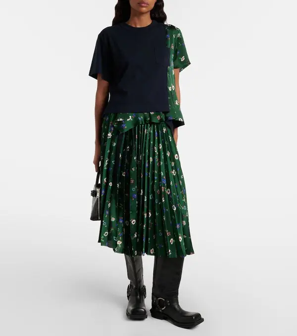 Sacai Floral Plissé Satin Midi Skirt - Green