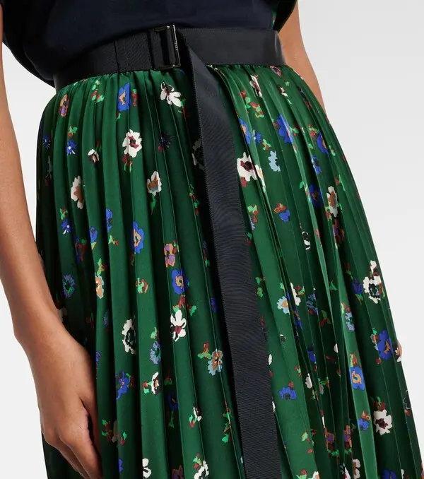 Sacai Floral Plissé Satin Midi Skirt - Green