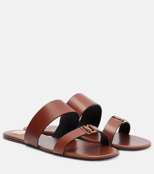 Saint Laurent Cassandre Leather Sandals - Brown