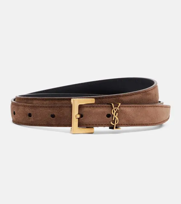 Saint Laurent Cassandre Suede Belt - Brown