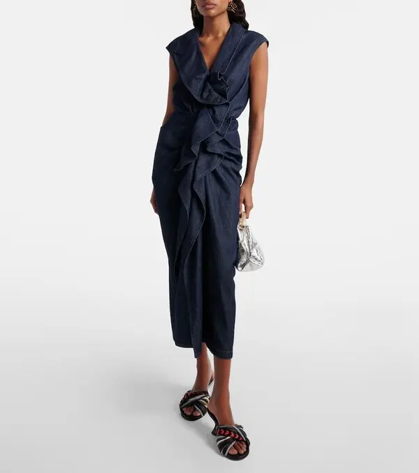 Dries Van Noten Ruffled Denim Midi Dress - Blue