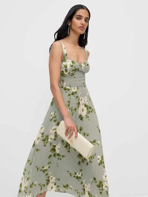 slim fit dress slacks REFORMATION FLORAL PRINT CREPE MIDI DRESS SMALL