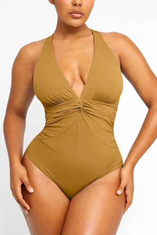 SHAPELLX Ruched Twist-front Shaping Swimsuit - Earth Yellow