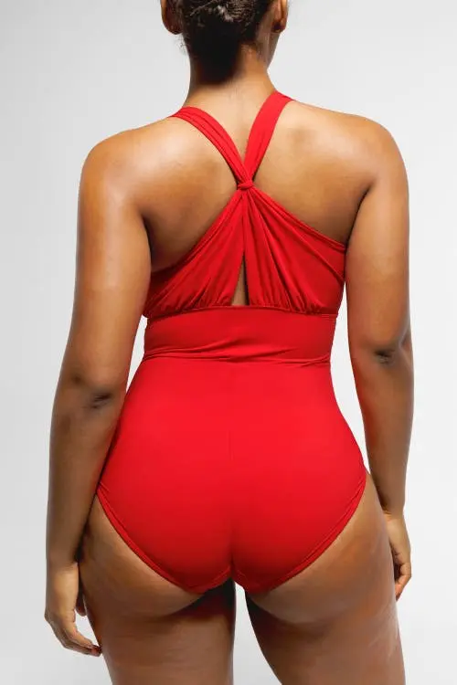 SHAPELLX Plunge Ruched Twist-front One-piece Swimsuit - Red