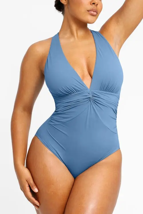 SHAPELLX Ruched Twist-front Shaping Swimsuit - Sky Blue