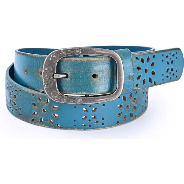 OLD TREND Blooming Perforated Leather Belt - Turquoise
