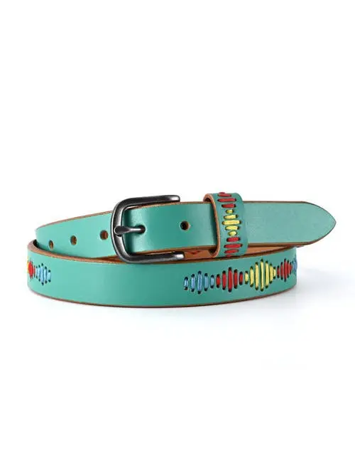 OLD TREND Boho Leather Belt With Stitched And Perforated Detail - Aqua