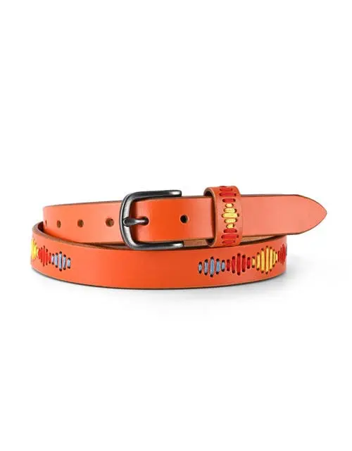 OLD TREND Boho Leather Belt With Stitched And Perforated Detail - Orange