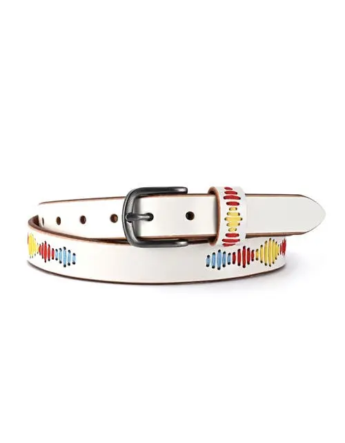 OLD TREND Boho Leather Belt With Stitched And Perforated Detail - White