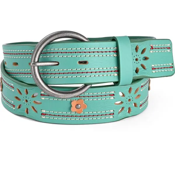 OLD TREND Blossom Genuine Leather Stitched Belt - Aqua