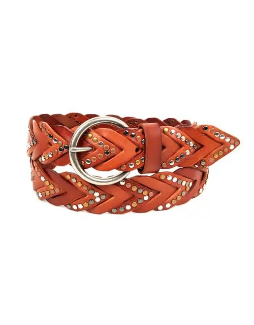 OLD TREND Barracuda Genuine Leather Woven Distressed Studded Belt - Camel