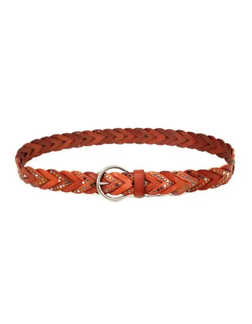 OLD TREND Barracuda Genuine Leather Woven Distressed Studded Belt - Camel