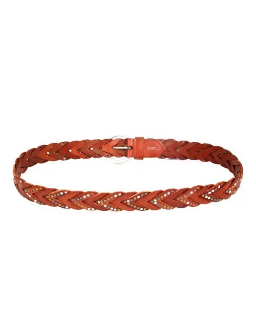 OLD TREND Barracuda Genuine Leather Woven Distressed Studded Belt - Camel