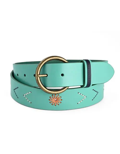OLD TREND Handcrafted Leather Perforated Belt - Aqua