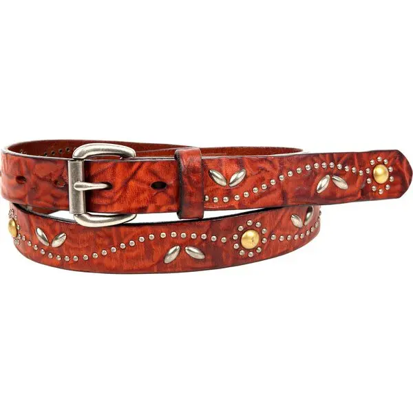 OLD TREND Floral Studded Leather Belt - Cognac